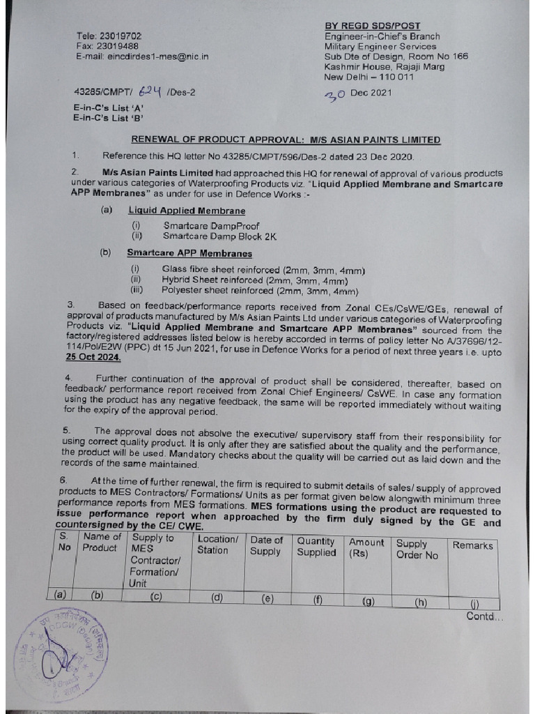 MES Approval Letter Till 25.10.24 - Asian Paints | PDF