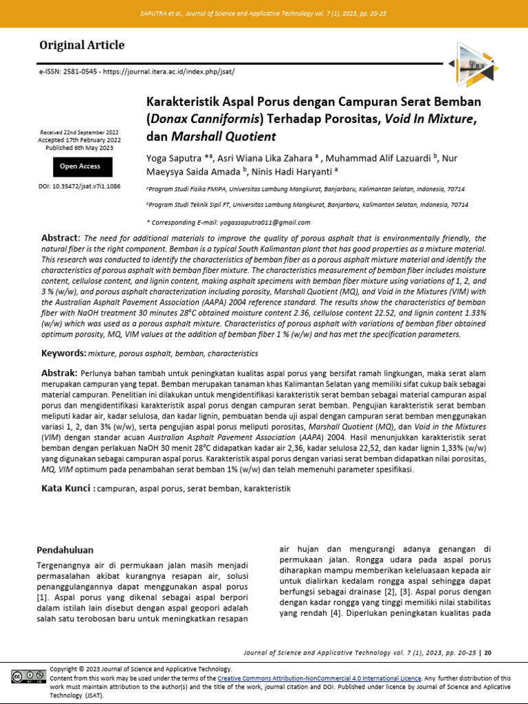 Karakteristik Aspal Porus Dengan Campuran Serat Bemban (Donax ...