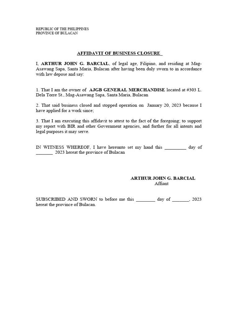 Affidavit of Business Closure - Arthur John Barcial | PDF