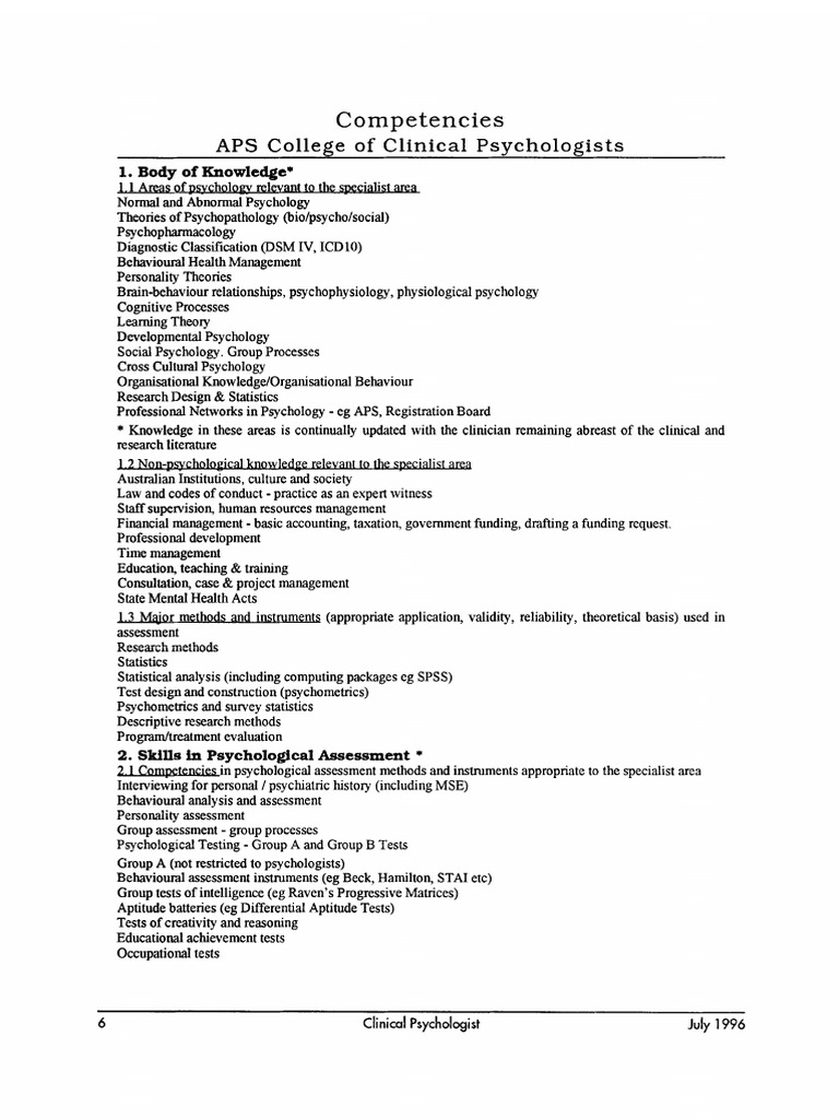 Competencies APS College of Clinical Psychologists: I. Body of ...