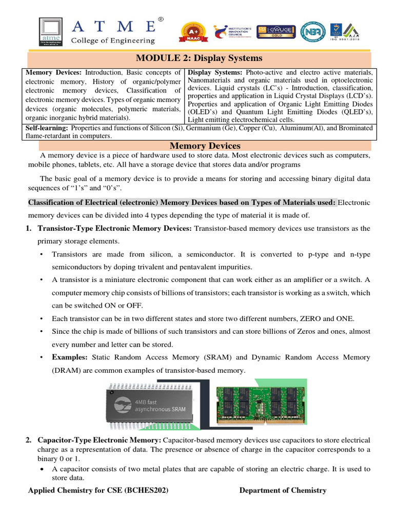 Memory Devices in BCHES202 Module 2 | PDF | Random Access Memory | Oled