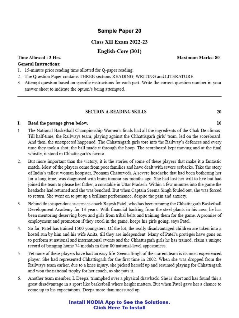 EN Sample Paper 20 Unsolved | PDF