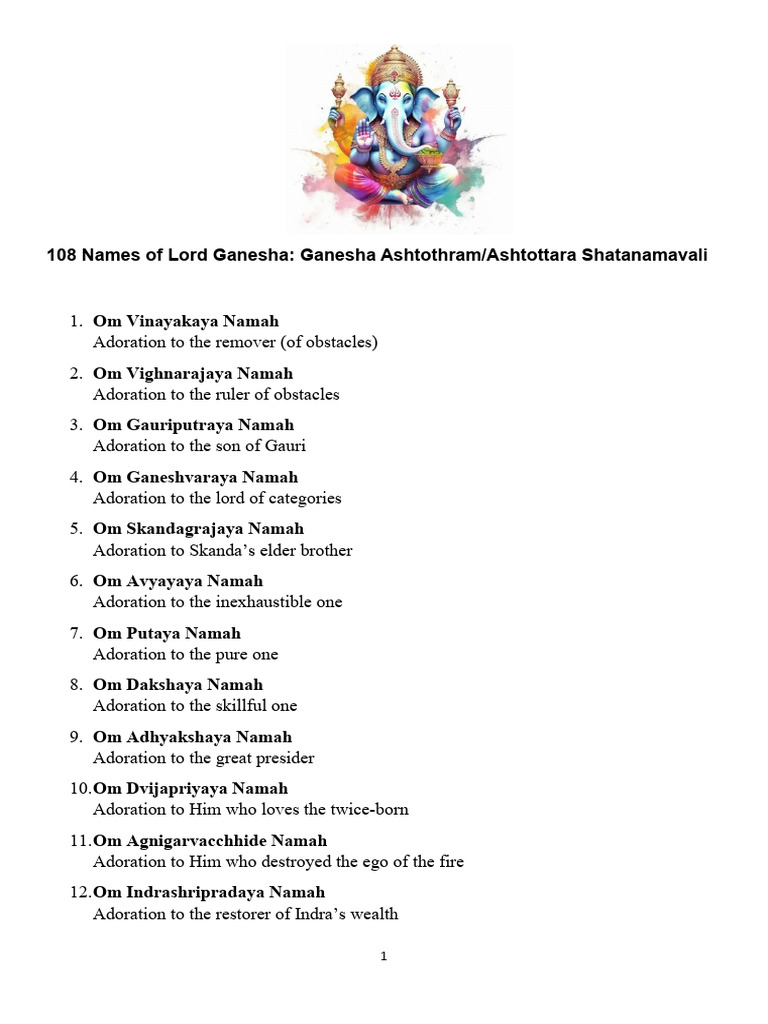 108 Names of Lord Ganesha | Download Free PDF | Indian Religions ...