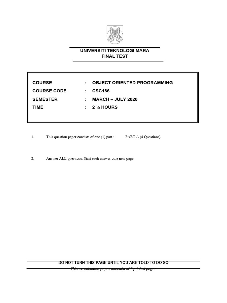 UiTM CSC186 Object-Oriented Exam Paper | PDF | Inheritance (Object Oriented Programming) | Class ...