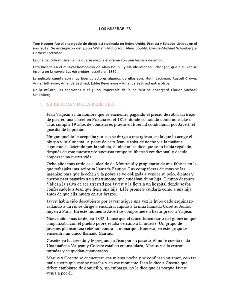 Los Miserables, Resumen y Comentario de La Pelicula | PDF