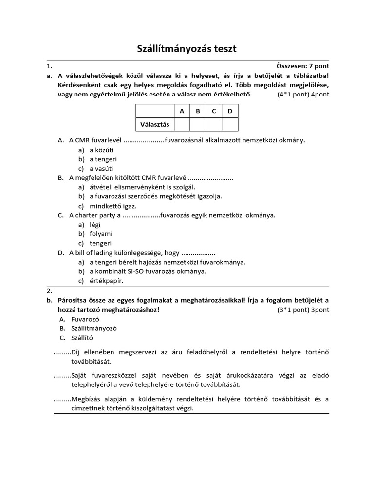 Szállítmányozás Teszt Szöveges | PDF
