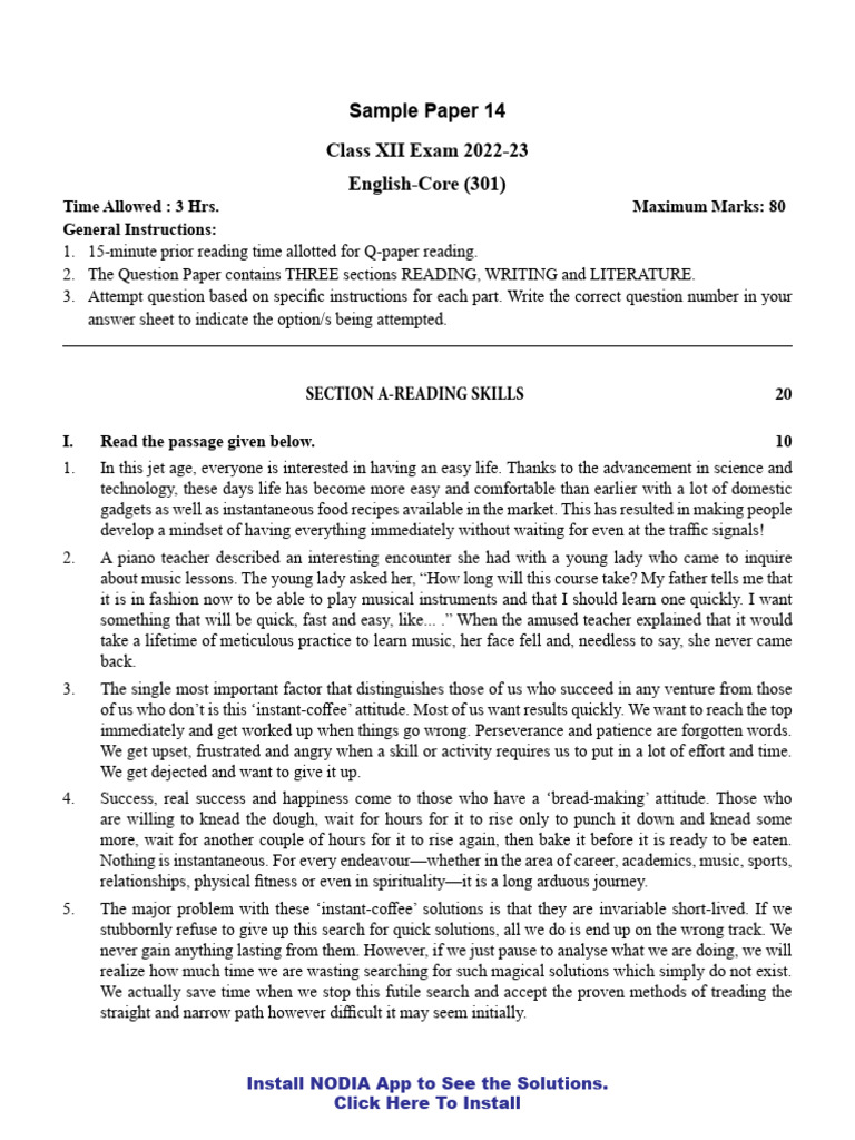 EN Sample Paper 14 Unsolved | PDF