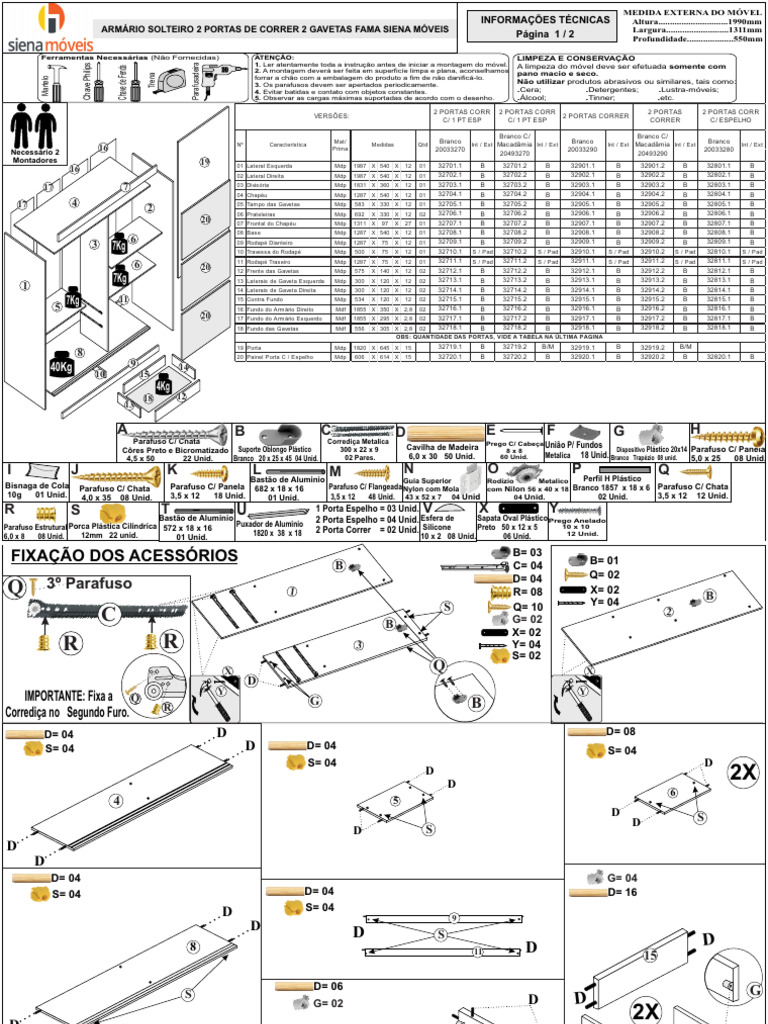 Arm Rio Solteiro 2 Portas de Correr 2 Gavetas Fama Siena M Veis | PDF | Equipamento | Materiais ...