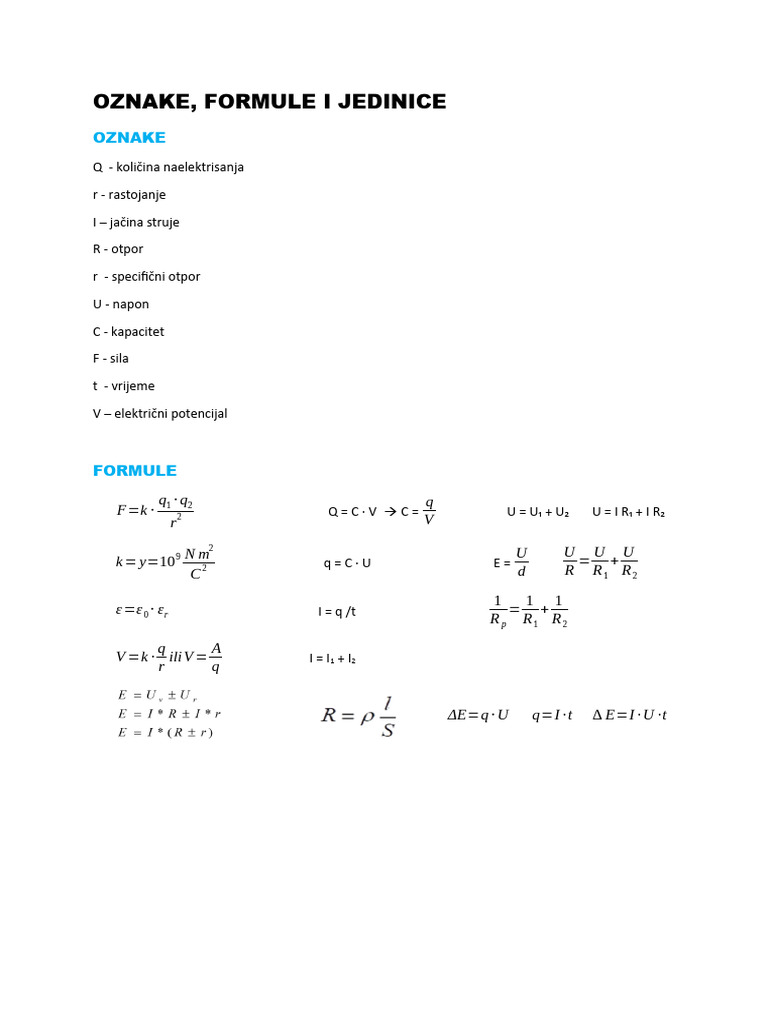 Oznake, Formule I Jedinice (Fizika, 9.razred) | PDF