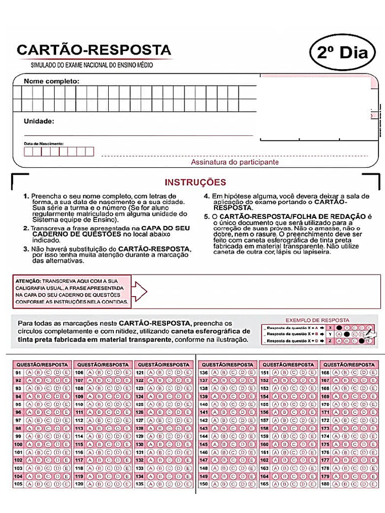 Gabarito para Preencher (Enem Dia 2) - Word | PDF