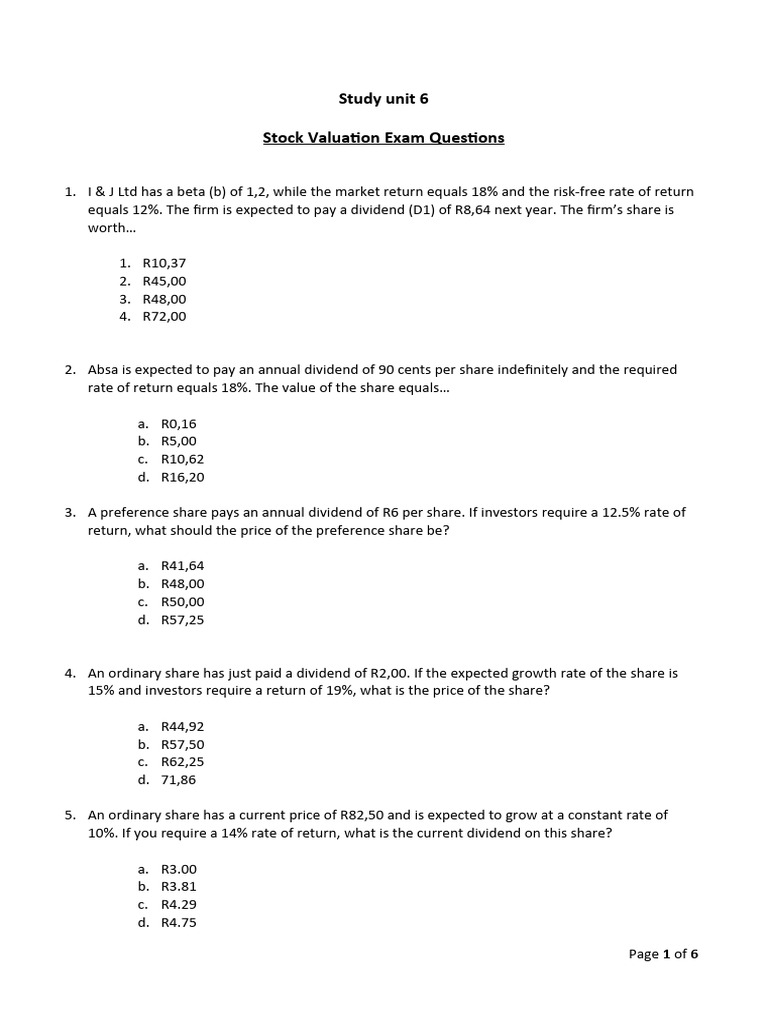 FIN2601 Study Unit 6 Exam Questions | PDF | Stocks | Dividend