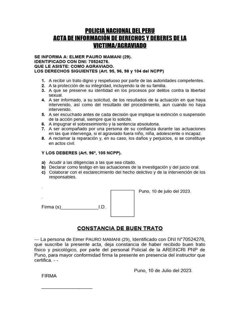 Acta de Lectura de Derechos Al Agraviado y Comunicacion | PDF | Fiscal | Derecho penal