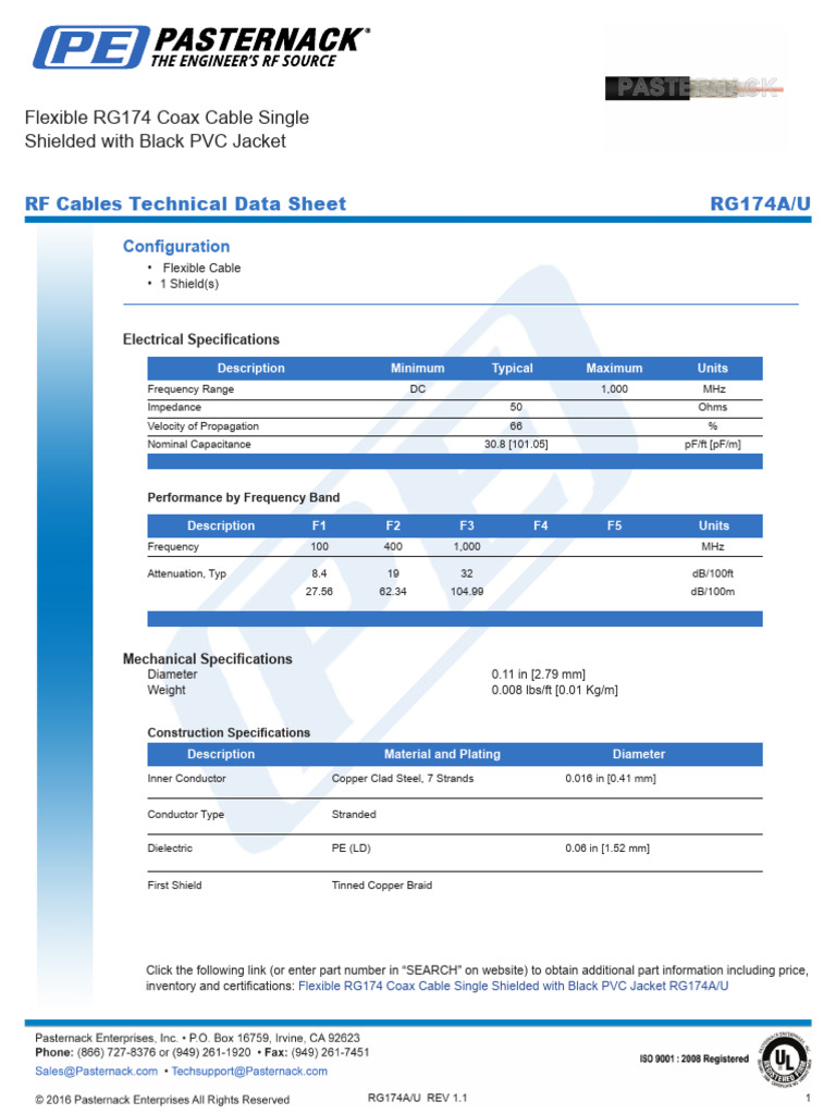 Rg174a U | PDF | Coaxial Cable | Waves