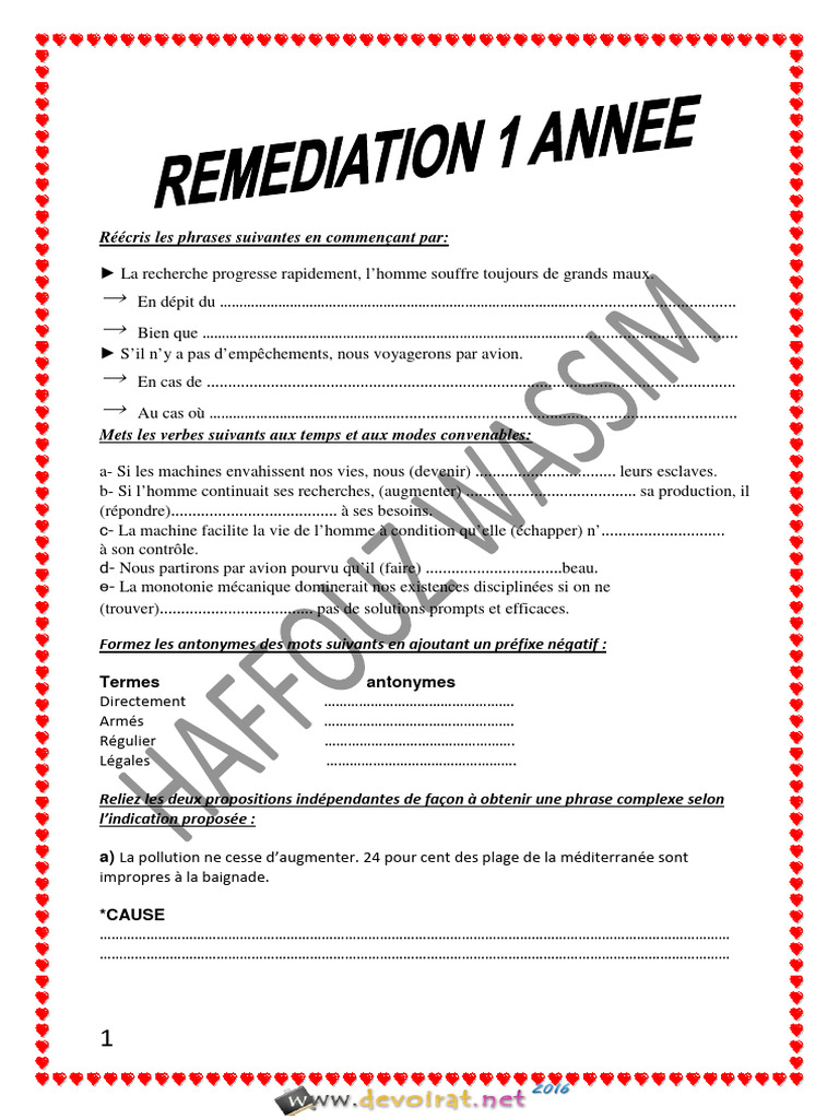Série D'exercices - Français - Exercices de Remédiation 1 Année Module ...