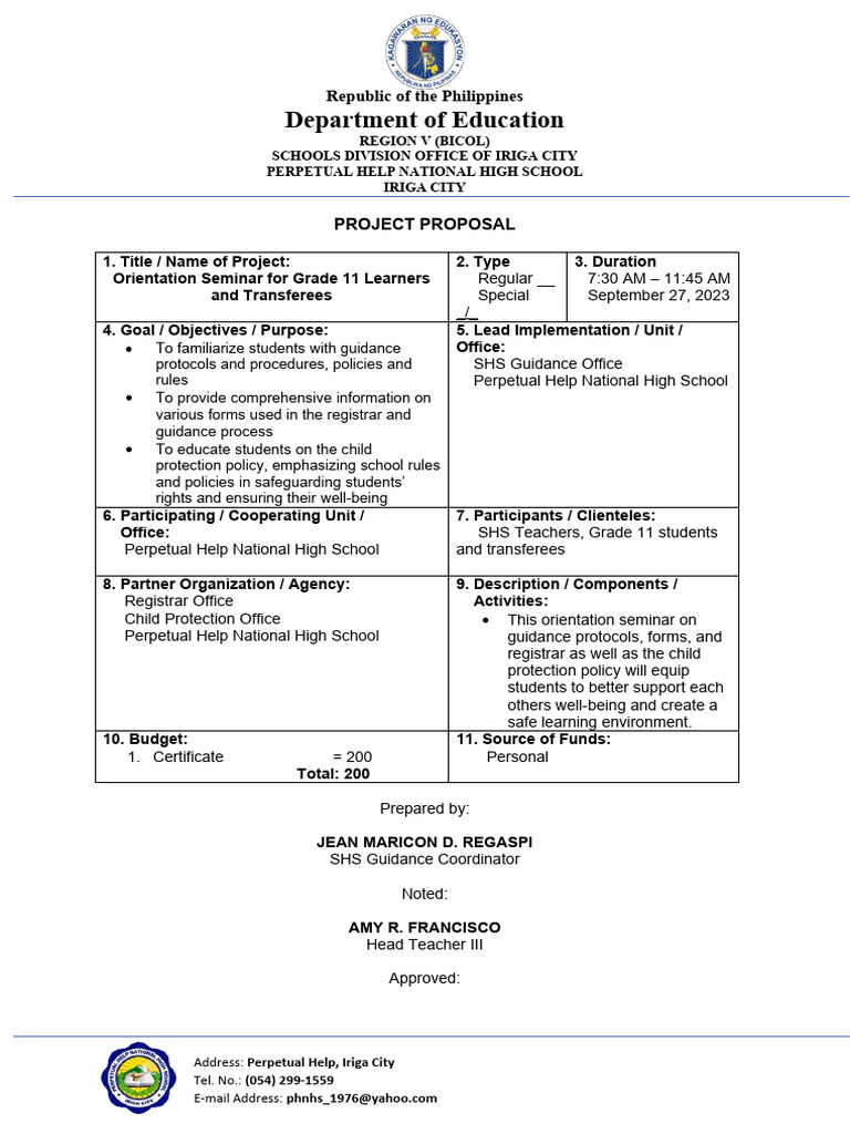 PROJECT PROPOSAL Guidance Orientation To Teachers | PDF