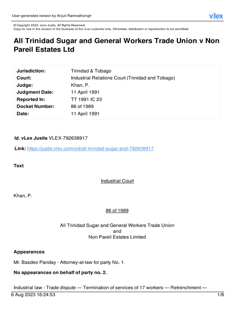All Trinidad Sugar and General Workers Trade Union V Non Par | PDF ...