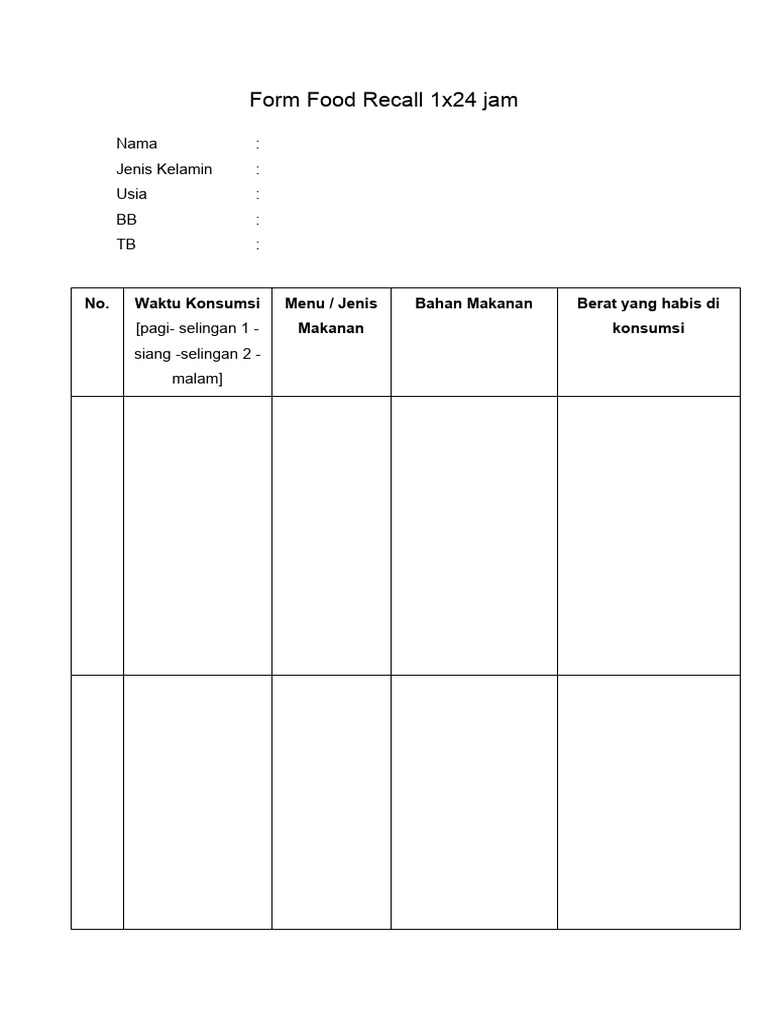 Form Food Recall 1x24 Jam | PDF