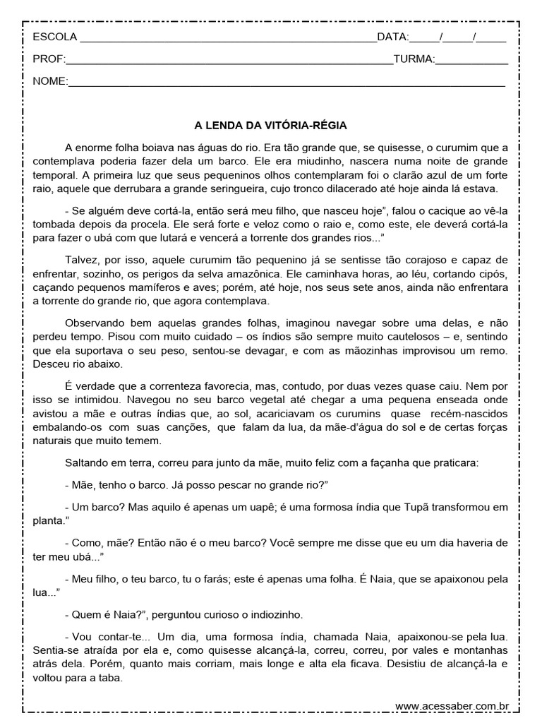 Interpretacao de Texto - A Lenda Da Vitoria Regia - 5º Ano | PDF