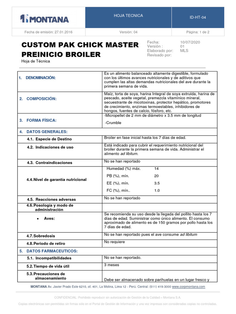 Hoja Técnica - Custom Pak Chick Master Preinicio Broiler 2021 | PDF ...