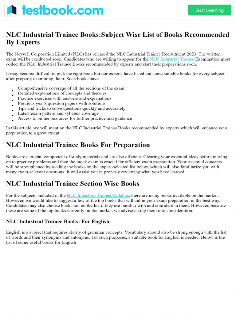 NLC Industrial Trainee Books - Subject Wise List of Books Recommended ...