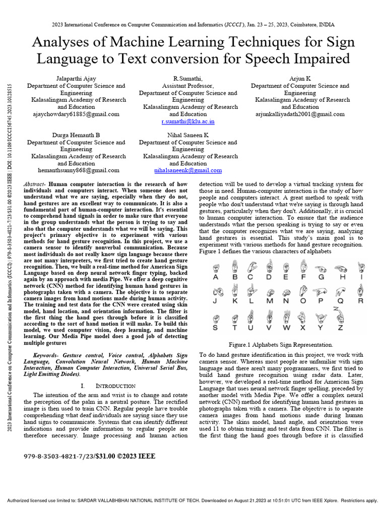 Analyses of Machine Learning Techniques For Sign Language To Text ...