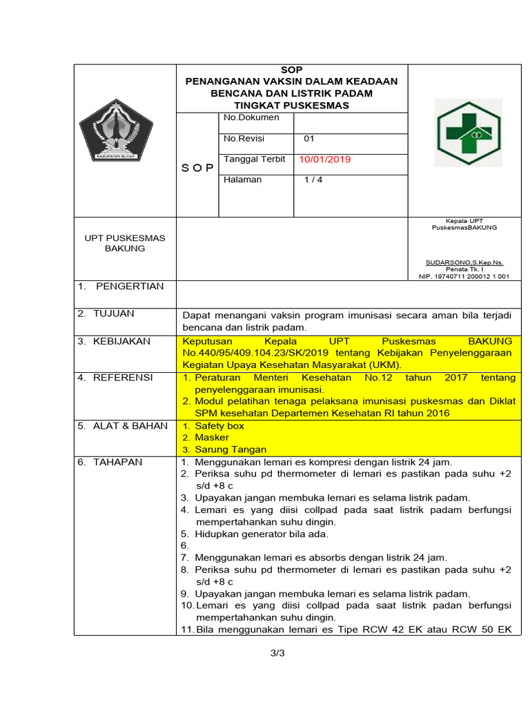 Sop Penanganan Vaksin Dalam Keadaan Bencana Dan Listrik Padam | PDF