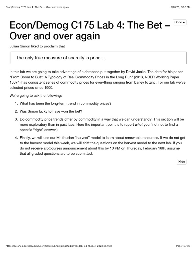 Econ:Demog C175 Lab 4: The Bet - Over and Over Again | PDF | Real ...