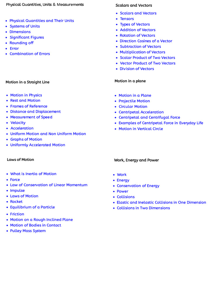 Physics Topics at A Glance For Class XI | PDF | Newton's Laws Of Motion ...