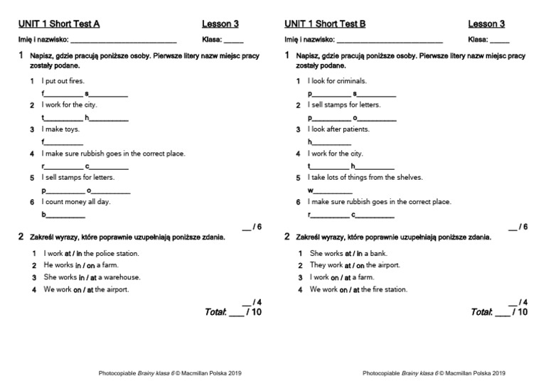 Brainy 6 Unit 1 Short Test A/B | PDF