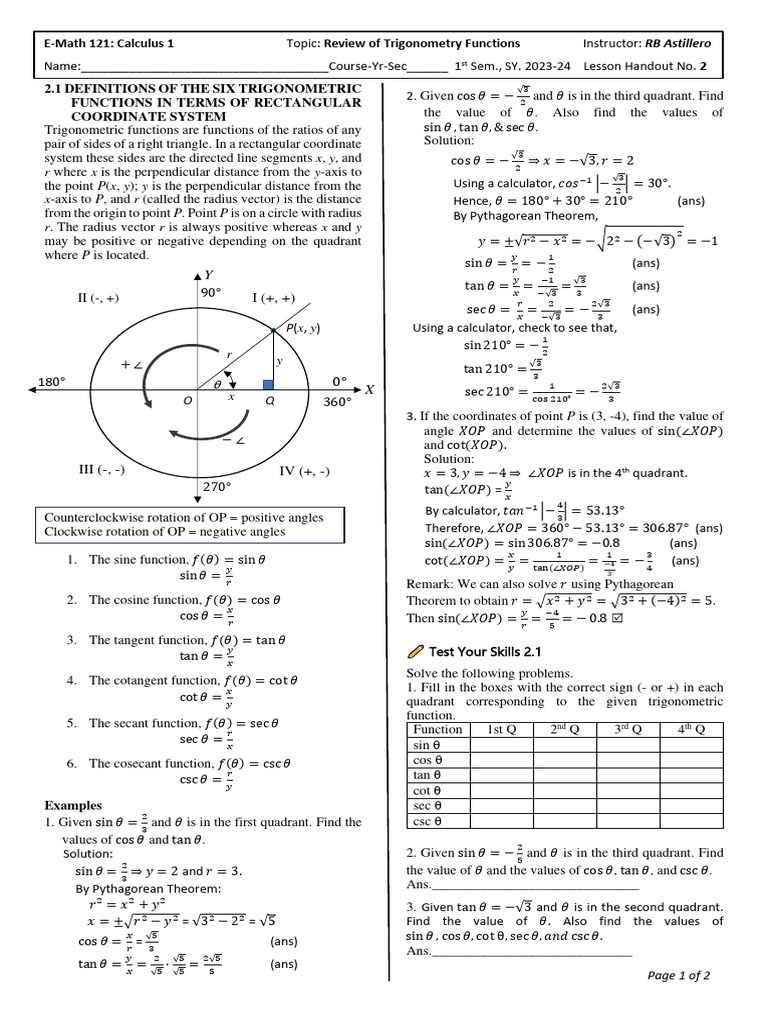 Handout#2 ReviewOfTrigFunctions | Download Free PDF | Trigonometric Functions | Euclid