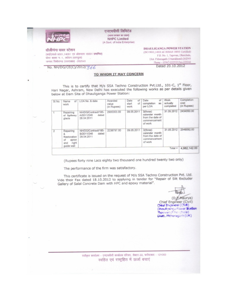 NHPC Completion Certificate | PDF