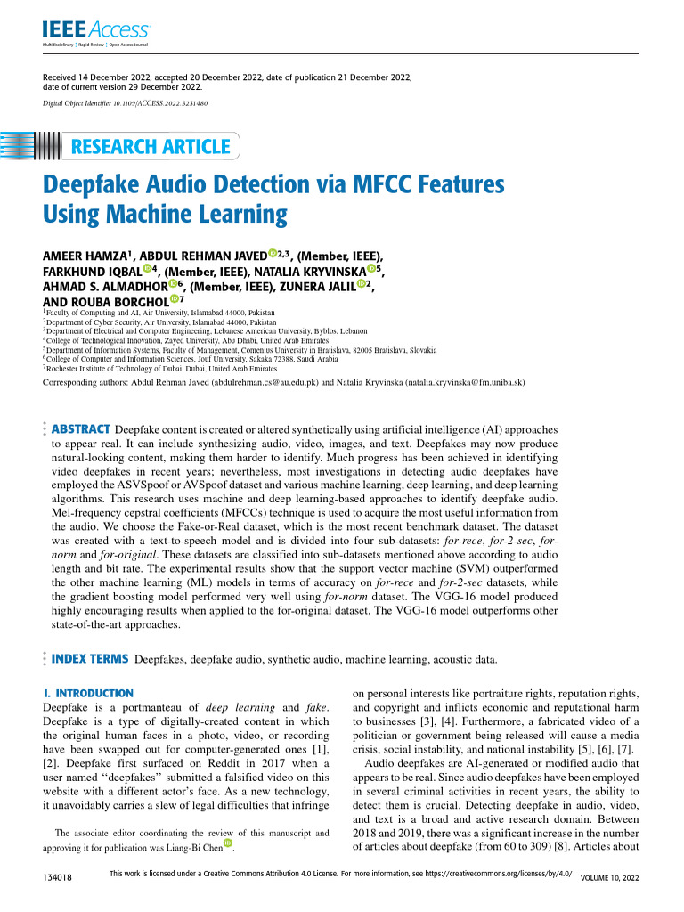 Deepfake Audio Detection Via Mfcc Features Using Machine Learning Pdf Machine Learning