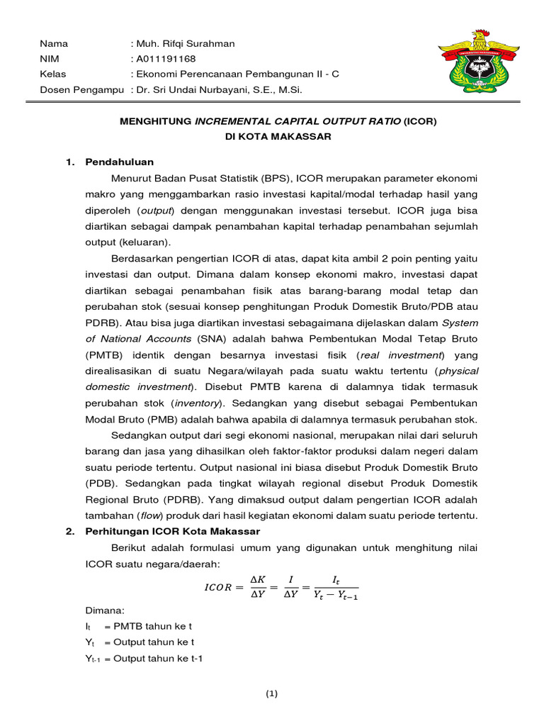 Menghitung Incremental Capital Output Ratio (Icor) Di Kota Makassar ...