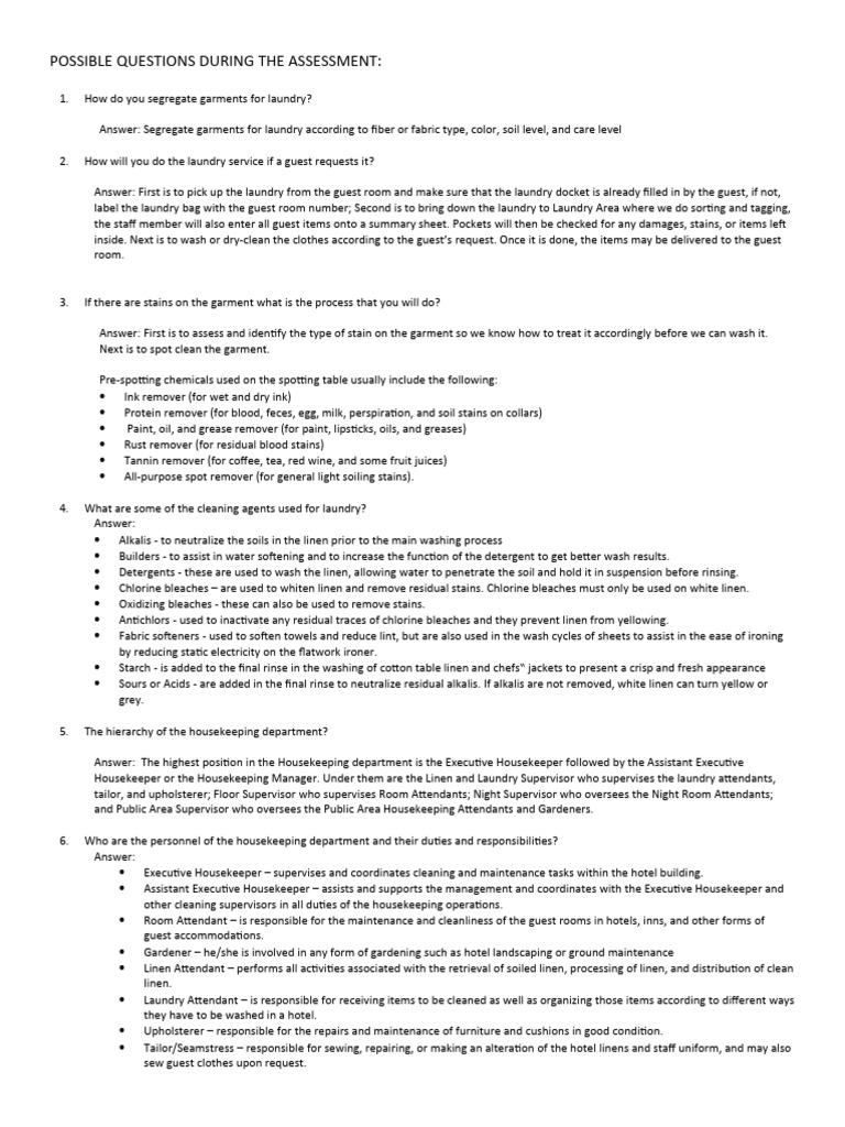 Assessment Possible Questions | PDF | Housekeeping | Laundry
