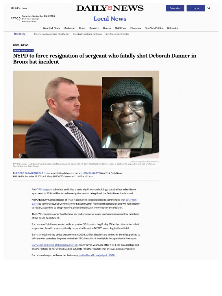 NYPD To Force Out Sergeant in Deborah Danner Shooting in Bronx | PDF