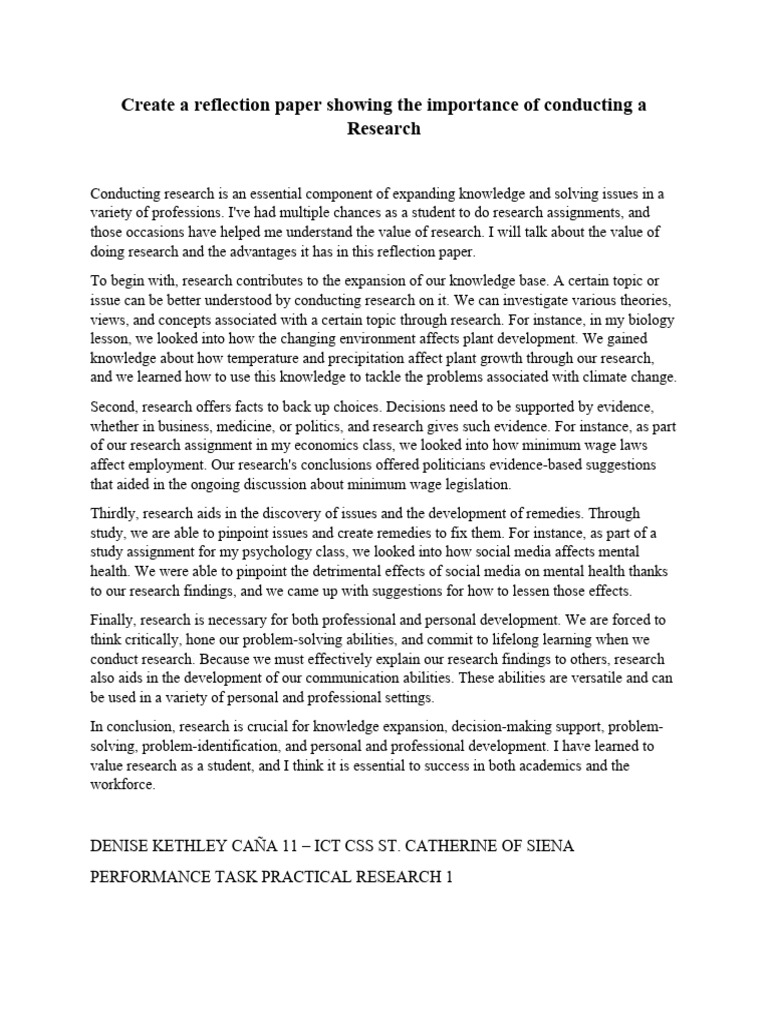 Create A Reflection Paper Showing The Importance of Conducting A ...