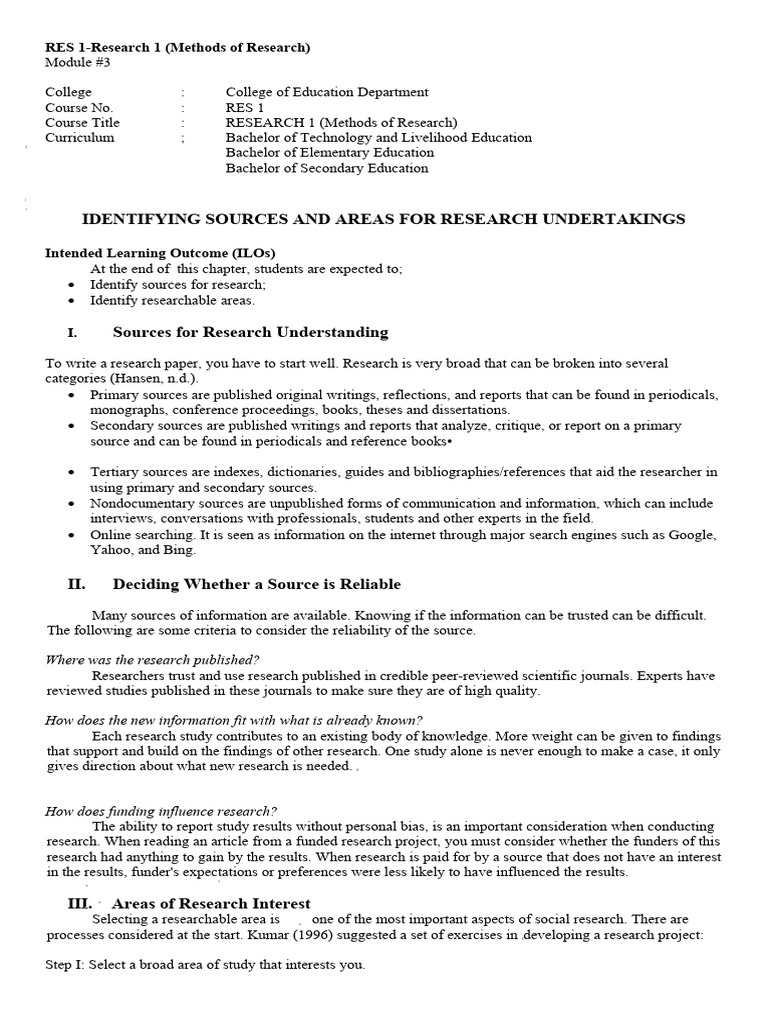 RES 1 Module 3 IDENTIFYING SOURCES AND AREAS FOR RESEARCH UNDERTAKINGS ...