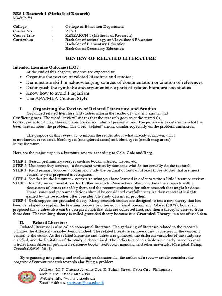 RES 1 Module 4 REVIEW OF RELATED LITERATURE AND Plagiarism APA MLA ...