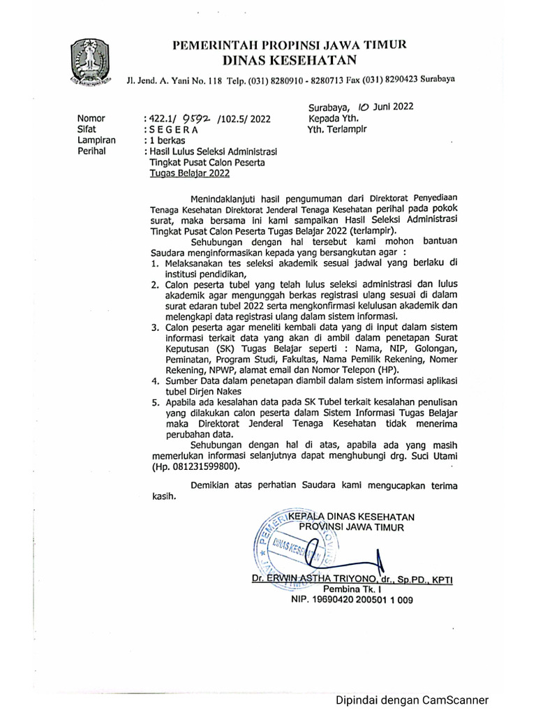 Surat Dinas Kesehatan Jatim 2022 | PDF
