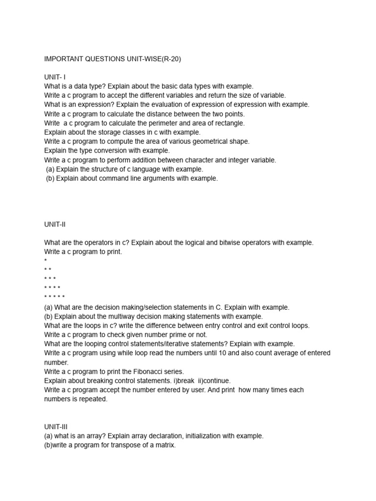 C Important Questions Unit-Wise (R-20) | PDF