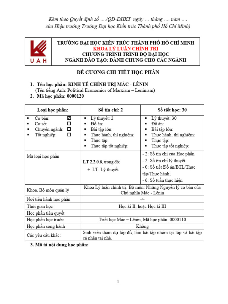 De Cuong Chi Tiet Aun - Hoc Phan KTCT MLN | PDF