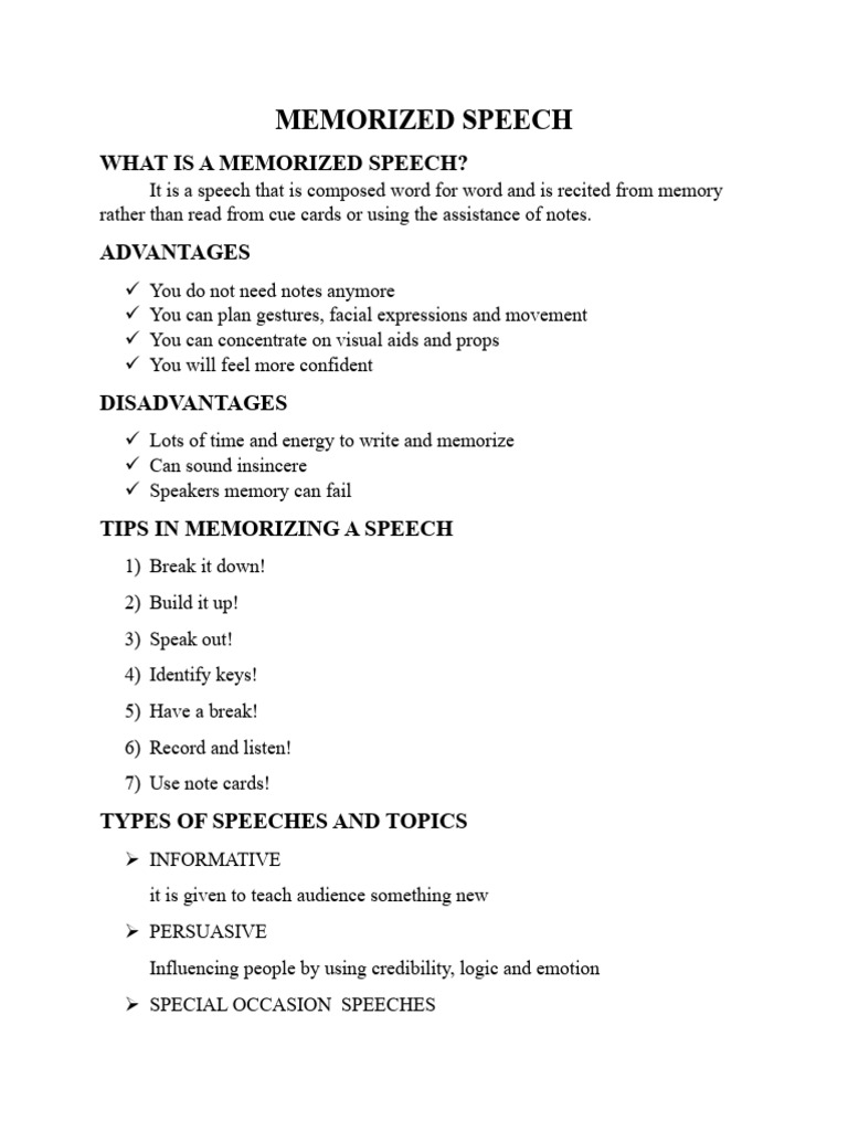 MEMORIZED SPEECH Organizing and Delivering An Memorized Speech | PDF