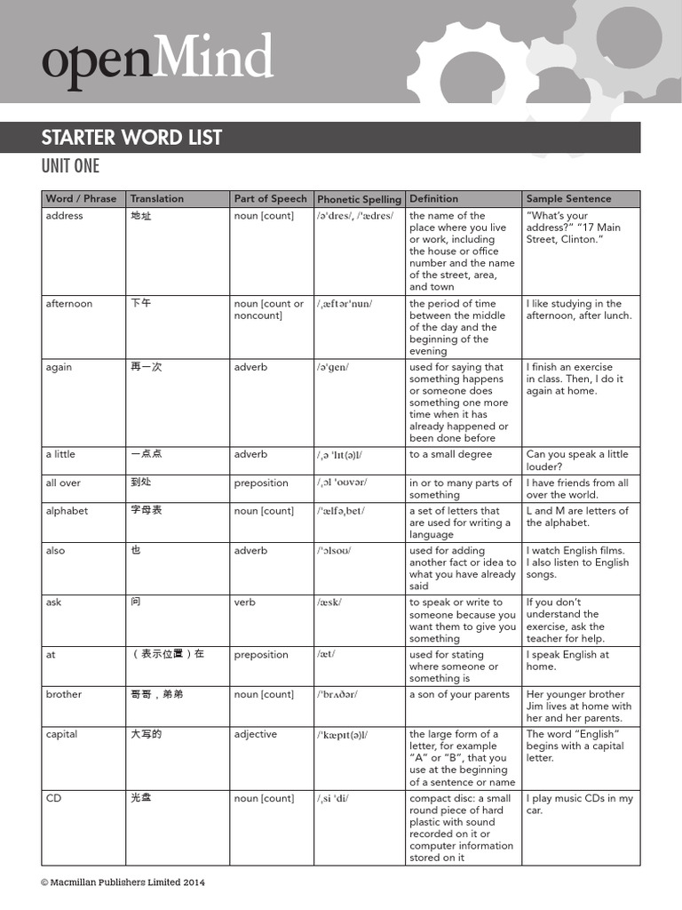 OpenMind Starter Word List Unit One | PDF | English Language | Noun
