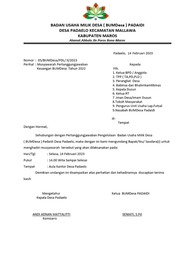 Undangan Musdes Pertanggung Bumdes | PDF