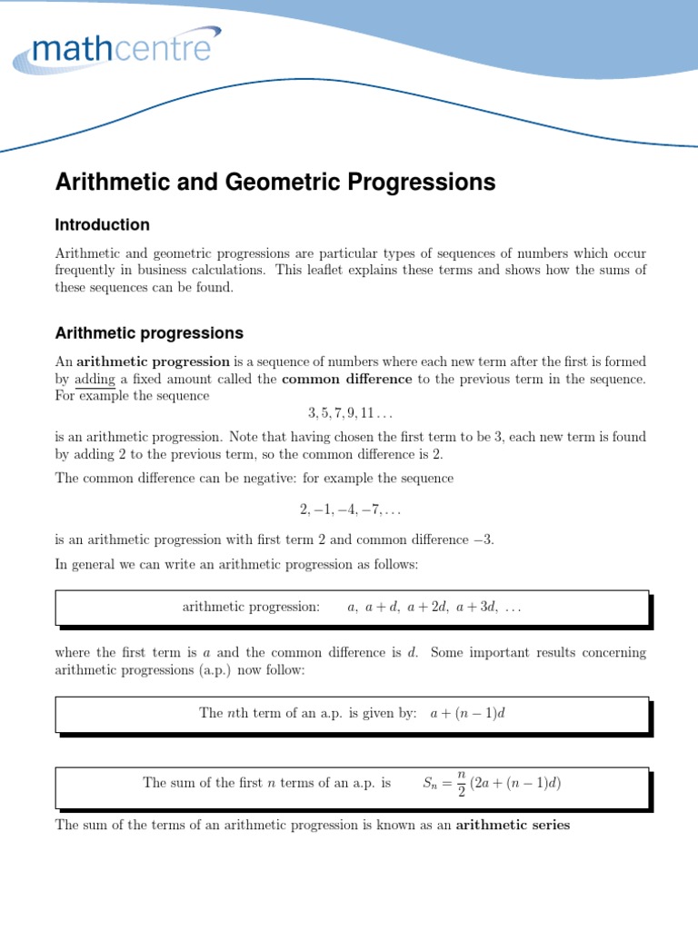 Arithmetic and Geometric Progressions | PDF | Arithmetic | Elementary ...