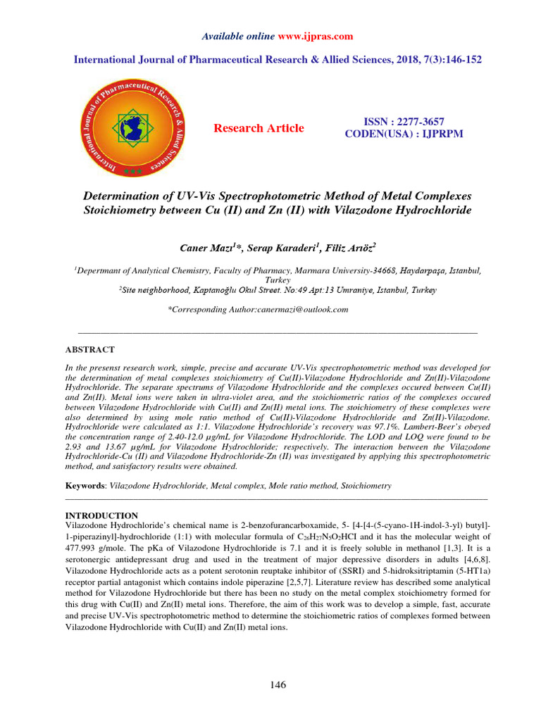 Determination Of Uv Vis Spectrophotometric Method Of Metal Complexes Stoichiometry Between Cu Ii