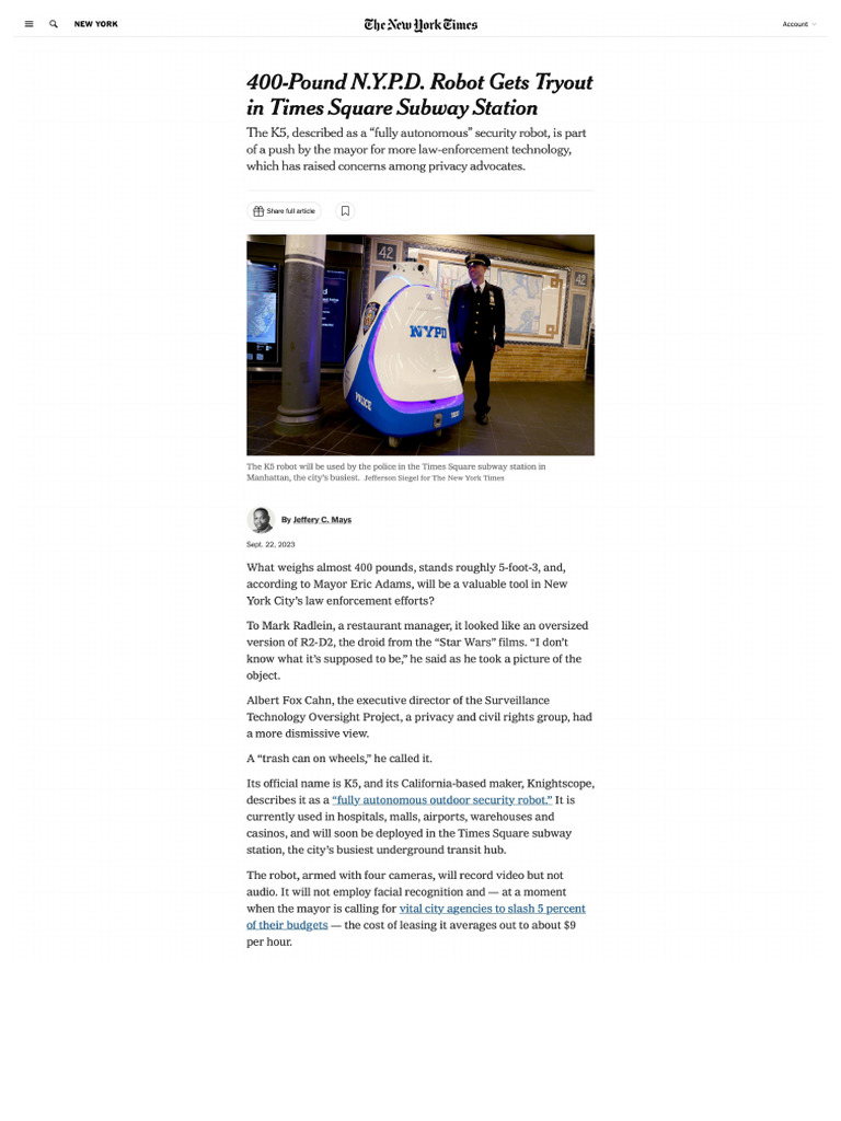 NYPD Robot Gets Tryout To Patrol Times Square Subway - The New York ...
