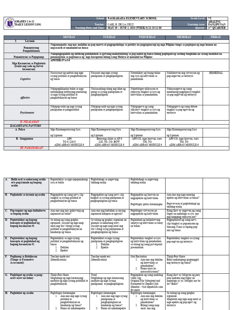 DLL Araling Panlipunan 6 q4 w5 | PDF