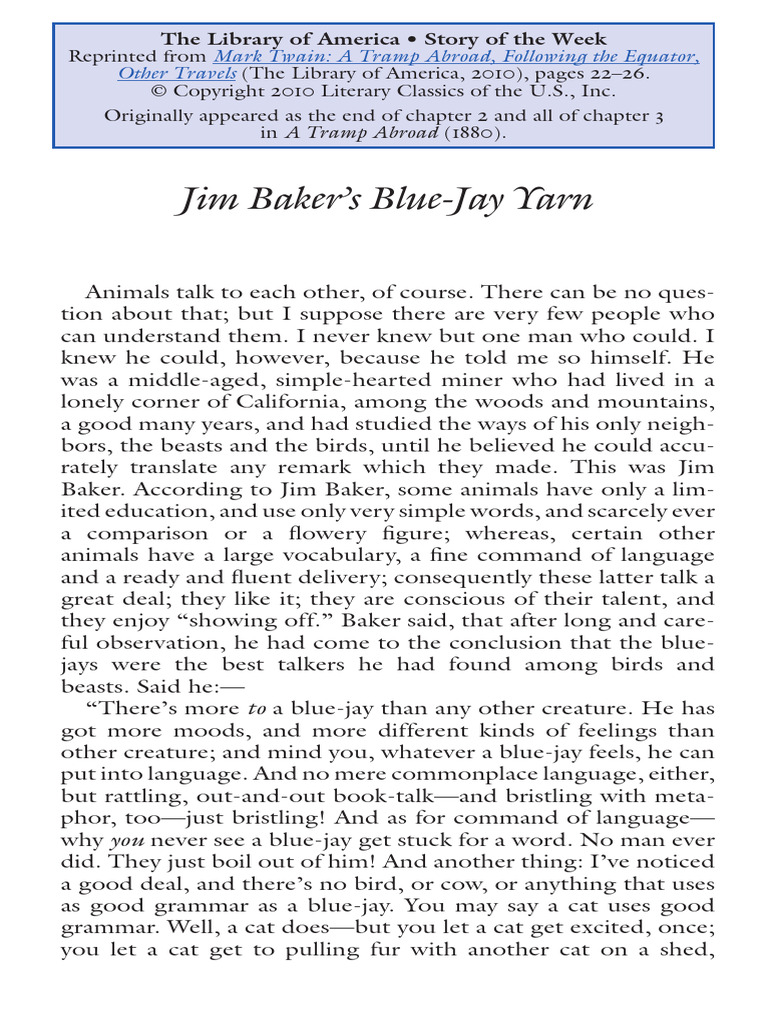 Week 1 Jim Baker's Blue-Jay Yarn by Mark Twain | PDF