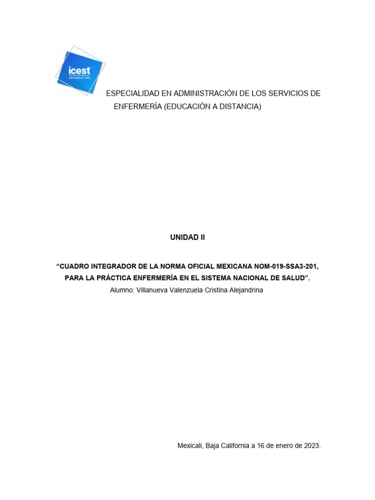 “CUADRO INTEGRADOR DE LA NORMA OFICIAL MEXICANA NOM-019-SSA3-201, PARA LA PRÁCTICA ENFERMERÍA EN ...